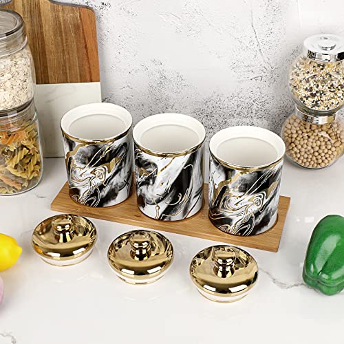 JUXYES Set of 3 Ceramic Canisters Set for Sugar Coffee Tea With Tray, Luxurious Storage Containers Sets with Lids Decorative Storage Pots Marble Ceramic Storage Jar for Kitchen Counter Dining Room