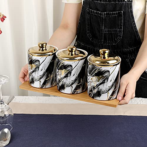 JUXYES Set of 3 Ceramic Canisters Set for Sugar Coffee Tea With Tray, Luxurious Storage Containers Sets with Lids Decorative Storage Pots Marble Ceramic Storage Jar for Kitchen Counter Dining Room