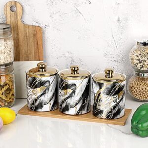 JUXYES Set of 3 Ceramic Canisters Set for Sugar Coffee Tea With Tray, Luxurious Storage Containers Sets with Lids Decorative Storage Pots Marble Ceramic Storage Jar for Kitchen Counter Dining Room