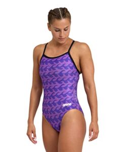 arena women's standard performance ride the wave swimsuit, black-team purple