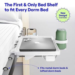 BedShelfie Bedside Shelf for Bed & Top Bunk- College Dorm Room Essentials, Loft Bed Accessories, Clip On Nightstand Snack Organizer, Floating Bed Side Table Tray Shelfie Caddy - DormEssential, White