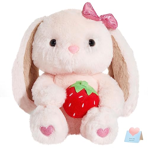 CozyWorld 10" Plush Bunny Rabbit Stuffed Animal Easter Floppy Ear Sitting Bunny Plush Pink Rabbit Plushie Toy with Strawberry Fluffy Soft Hugging Bedtime Friend Plush Toy Gifts for Kids Girls Boys