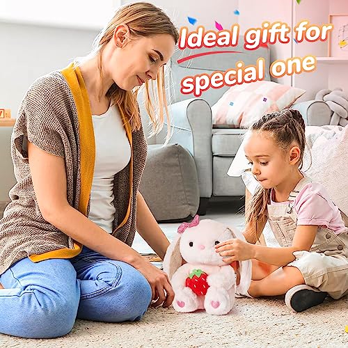 CozyWorld 10" Plush Bunny Rabbit Stuffed Animal Easter Floppy Ear Sitting Bunny Plush Pink Rabbit Plushie Toy with Strawberry Fluffy Soft Hugging Bedtime Friend Plush Toy Gifts for Kids Girls Boys