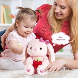 CozyWorld 10" Plush Bunny Rabbit Stuffed Animal Easter Floppy Ear Sitting Bunny Plush Pink Rabbit Plushie Toy with Strawberry Fluffy Soft Hugging Bedtime Friend Plush Toy Gifts for Kids Girls Boys