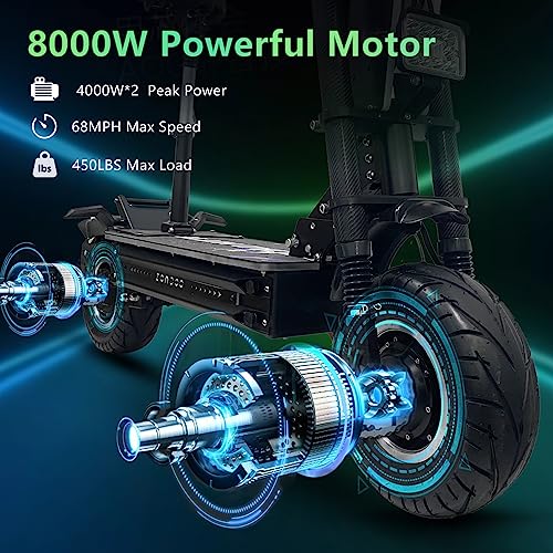 ZonDoo RoadHitter Electric Scooter Adults,Up to 68MPH 75 Miles Range,8000W Dual Motor 13Inch All Terrain Fat Tires, Hydraulic Suspension and Oil Brakes,Sports Off Road Adult E-Scooter for Adults