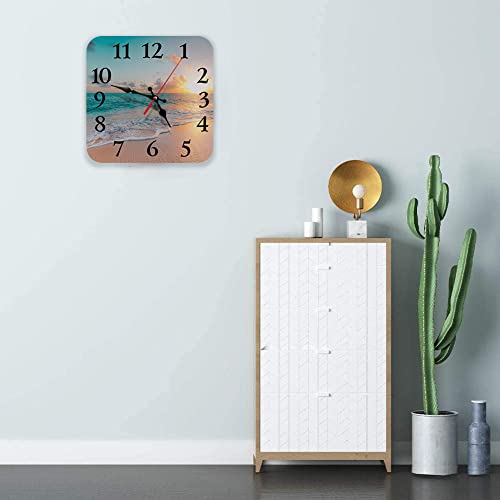 Wall Clock, Square Non-Ticking Silent Battery Operated Clock 12 Inch, Sea Beach Blue Sky Sand Home Decor for Living Room, Bathroom, Bedroom, Kitchen, Office or School