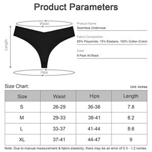 Sexy Thongs for Women, No Show Panties V-waisted Stretch Breathable, Seamless Thong Underwear 6 Pack Small Black