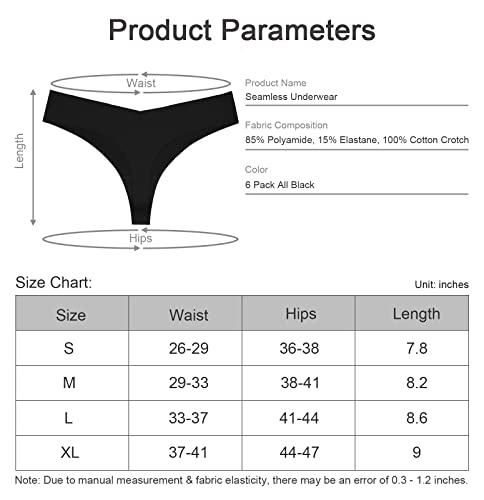 Sexy Thongs for Women, No Show Panties V-waisted Stretch Breathable, Seamless Thong Underwear 6 Pack Small Black