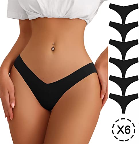 Sexy Thongs for Women, No Show Panties V-waisted Stretch Breathable, Seamless Thong Underwear 6 Pack Small Black