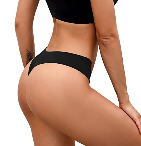 Sexy Thongs for Women, No Show Panties V-waisted Stretch Breathable, Seamless Thong Underwear 6 Pack Small Black