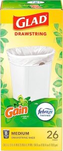 glad medium drawstring trash bags, 8 gal, gain original scent with febreze, 26 ct, pack may vary