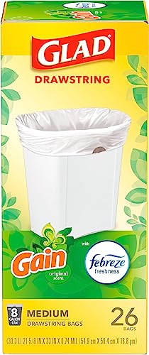 Glad Medium Drawstring Trash Bags, 8 Gal, Gain Original Scent with Febreze, 26 Ct, Pack May Vary