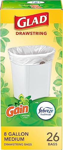 Glad Medium Drawstring Trash Bags, 8 Gal, Gain Original Scent with Febreze, 26 Ct, Pack May Vary