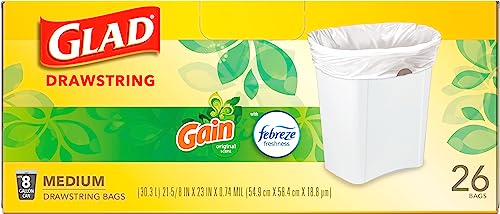 Glad Medium Drawstring Trash Bags, 8 Gal, Gain Original Scent with Febreze, 26 Ct, Pack May Vary