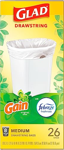 Glad Medium Drawstring Trash Bags, 8 Gal, Gain Original Scent with Febreze, 26 Ct, Pack May Vary