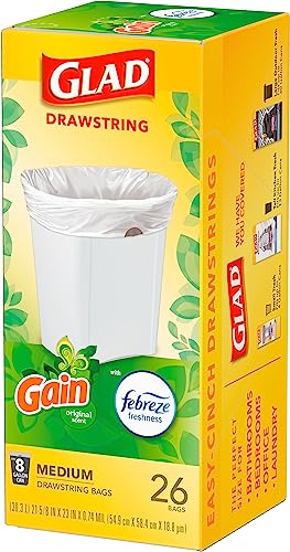 Glad Medium Drawstring Trash Bags, 8 Gal, Gain Original Scent with Febreze, 26 Ct, Pack May Vary