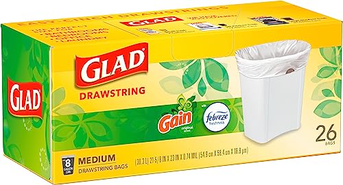 Glad Medium Drawstring Trash Bags, 8 Gal, Gain Original Scent with Febreze, 26 Ct, Pack May Vary