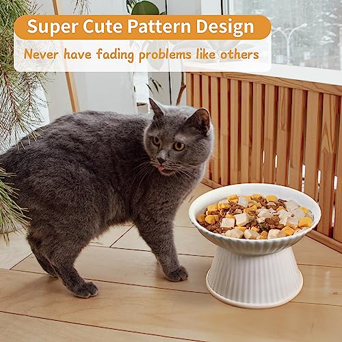 6.5" Extra Wide Ceramic Elevated Cat Bowl, Whisker Friendly Raised Cat Food Bowl for Food and Water, Anti-Vomiting High Cat Dish for Indoor Cats with Non-Slip Ring, Dishwasher Safe & Microwaveable