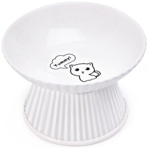 6.5" Extra Wide Ceramic Elevated Cat Bowl, Whisker Friendly Raised Cat Food Bowl for Food and Water, Anti-Vomiting High Cat Dish for Indoor Cats with Non-Slip Ring, Dishwasher Safe & Microwaveable