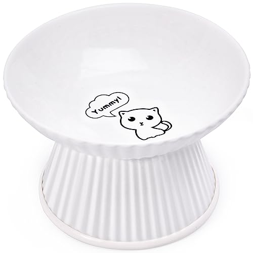 6.5" Extra Wide Ceramic Elevated Cat Bowl, Whisker Friendly Raised Cat Food Bowl for Food and Water, Anti-Vomiting High Cat Dish for Indoor Cats with Non-Slip Ring, Dishwasher Safe & Microwaveable