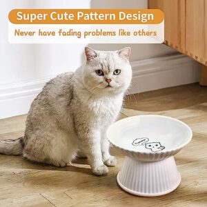 6.5" Extra Wide Ceramic Elevated Cat Bowl, Whisker Friendly Raised Cat Food Bowl for Food and Water, Anti-Vomiting High Cat Dish for Indoor Cats with Non-Slip Ring, Dishwasher Safe & Microwaveable