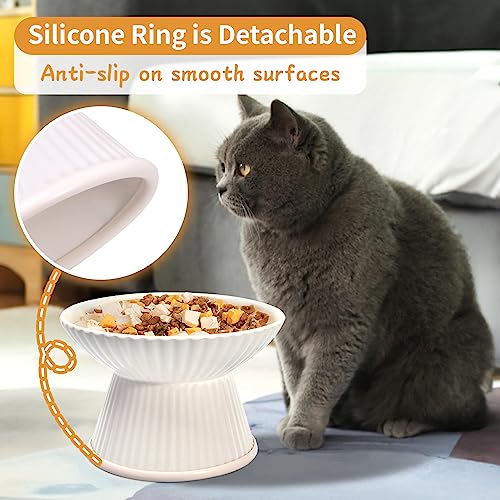 6.5" Extra Wide Ceramic Elevated Cat Bowl, Whisker Friendly Raised Cat Food Bowl for Food and Water, Anti-Vomiting High Cat Dish for Indoor Cats with Non-Slip Ring, Dishwasher Safe & Microwaveable