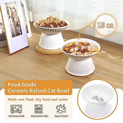 6.5" Extra Wide Ceramic Elevated Cat Bowl, Whisker Friendly Raised Cat Food Bowl for Food and Water, Anti-Vomiting High Cat Dish for Indoor Cats with Non-Slip Ring, Dishwasher Safe & Microwaveable