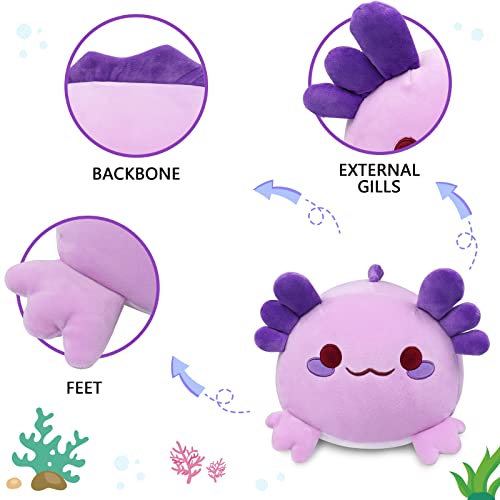 Auspicious beginning Cute Axolotl Plush Pillow Stuffed Animal, Kawaii Cat face Newt Toys Soft Axolotl Plush Dolls for Kids Boys Girls Adults Gifts (Purple Salamander,15.8inch)