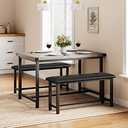 Alkmaar Farmhouse Dining 4 Kitchen Table Set with 2 Benches, Retro Gray