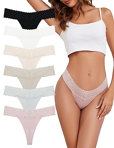 Jaywan Lace Thongs for Women Underwear Breathable Stretch Seamless Lace Thongs T Back Panties for Women 6 Pack S-XL Assorted