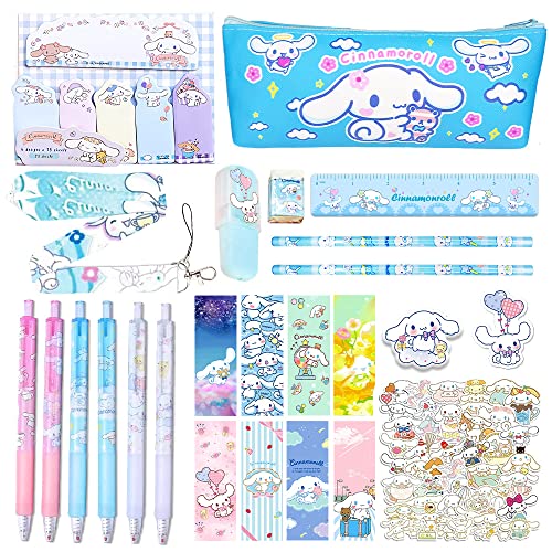 Cartoon School Supplies, Kawaii Gift Set, Including Pencil Case Rollerball Pens Pencils Fluorescent Pen Stickers Lanyard Ruler Eraser Sticky Note Brooch Bookmarks for Girls Kids Teens