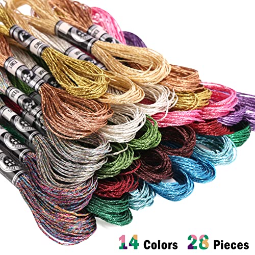 Caydo 28 Skeins Metallic Embroidery Floss Glitter Embroidery Threads Cross Stitch Thread for Friendship Bracelets DIY Embroidery Thread Crafts (14 Colors)