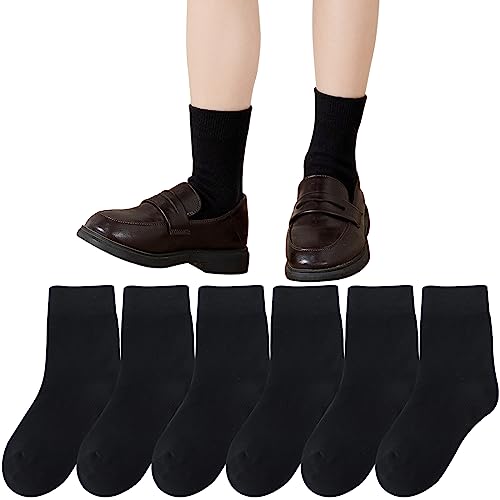 Mini angel Boys Girls Crew Socks Seamless Cotton Socks Kids School Socks Dress Socks for 8-10 Years, 6 Pairs (Black, L)