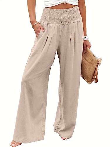 ANRABESS Women Linen Palazzo Pants Summer Boho Wide Leg High Waist Casual Lounge Pant Trousers with Pocket 1091mixing-S