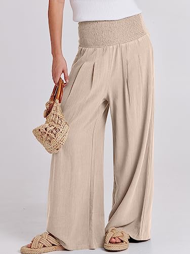 ANRABESS Women Linen Palazzo Pants Summer Boho Wide Leg High Waist Casual Lounge Pant Trousers with Pocket 1091mixing-S