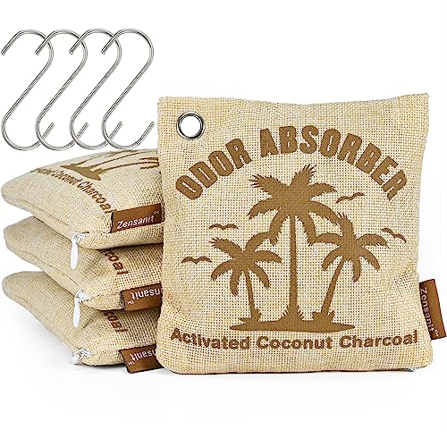 Zensanit 4 Pack Activated Charcoal Odor Absorber 170g/6oz - Nature Fresh Coconut Shell Air Freshener - Fragrance-Free Odor Eliminator for Home Use, Equal 16 Pack Bamboo Charcoal Air Purifying Bag