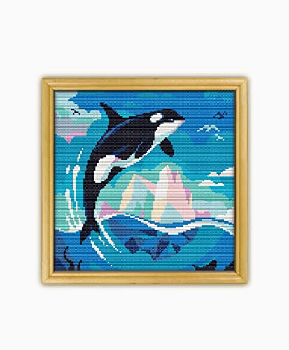 Killer Whale CS1274-1 - Counted Cross Stitch KIT#2. Set of Threads, Needles, AIDA Fabric, Needle Threader, Embroidery Clippers and Printed Color Pattern Inside.