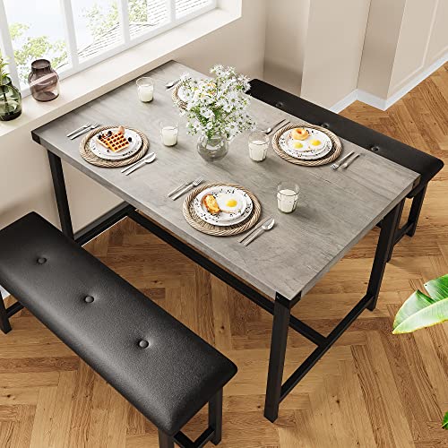 Amyove Kitchen 2 Upholstered Benches Dining Table Set for 4, Retro Grey