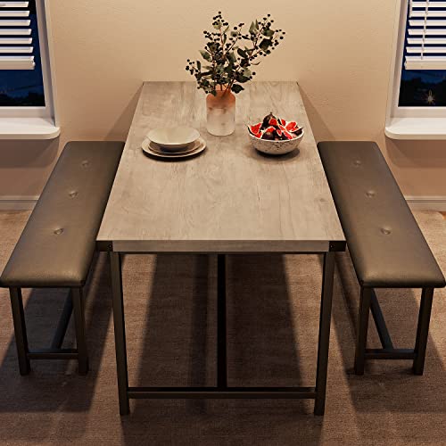 Amyove Kitchen 2 Upholstered Benches Dining Table Set for 4, Retro Grey