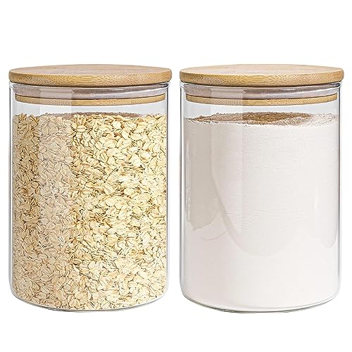 EQEY Glass Storage Jars Set Elegant Containers with Airtight Bamboo Lids, Perfect for Kitchen Organization - Flour, Rice, Pasta, Sugar, Coffee Beans, Accessories Included (2 packs(111oz))