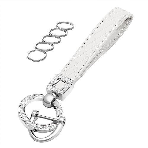 OHKYOOT Microfiber Leather Wristlet Keychain,Key Chain Holder Car Keys Keychain with 5 Key Ring and Anti-Lost D Ring (White Silver)