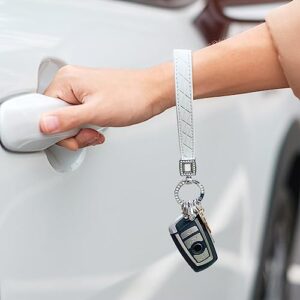 OHKYOOT Microfiber Leather Wristlet Keychain,Key Chain Holder Car Keys Keychain with 5 Key Ring and Anti-Lost D Ring (White Silver)