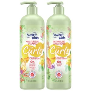 suave kids shampoo and conditioner set - kids curly hair products infused with sweet almond & honey, moisturizing shampoo and detangling kids conditioner, 16.5 oz ea (2 piece set)