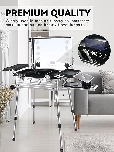 Lorvain 24 Inch Large Makeup Train Case with Mirror and Lights, Rolling Cosmetic Trolley with Bluetooth, Professional Artist Cosmetic Travel Organizer Box Aluminum Makeup Case Salon Station (Silvery)