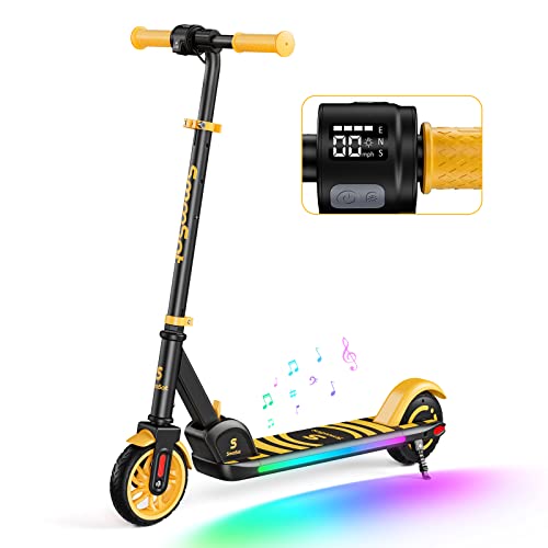 SmooSat Apex Electric Scooter for Kids Ages 8+ 130W, Bluetooth Music Speaker, 5/8/10 MPH, 60 min Ride Time, Colorful Lights, Adjustable Height, Foldable E-Scooter for Kids and Teens