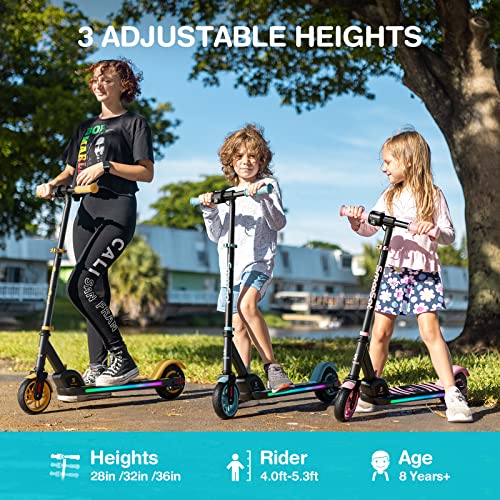 SmooSat Apex Electric Scooter for Kids Ages 8+ 130W, Bluetooth Music Speaker, 5/8/10 MPH, 60 min Ride Time, Colorful Lights, Adjustable Height, Foldable E-Scooter for Kids and Teens