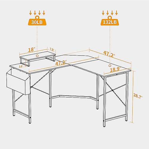 CubiCubi L Shaped Gaming Desk, 47.2 inch Computer Corner Desk with Monitor Shelf for Home Office Study Writing Workstation, Black