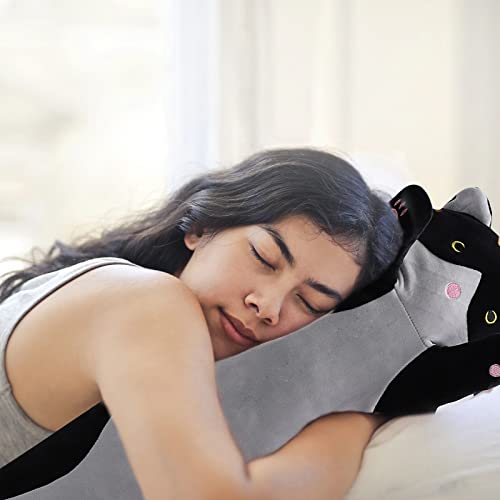 WUYU Lovely Plush Cat Doll Cute Cartoon Soft Stuffed Kitten Pillow Long Throw Sleeping Pillow Doll Toy Gift for Kids Girlfriend Multiple Size (Black, 50cm/19.6in)