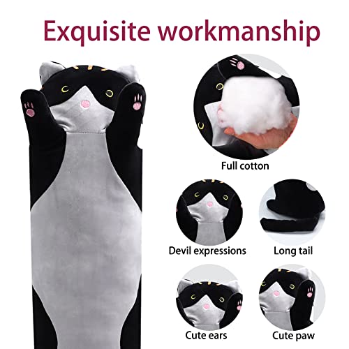 WUYU Lovely Plush Cat Doll Cute Cartoon Soft Stuffed Kitten Pillow Long Throw Sleeping Pillow Doll Toy Gift for Kids Girlfriend Multiple Size (Black, 50cm/19.6in)