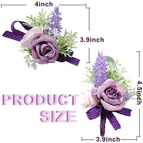 lengenyen 2Pcs Purple Wrist Corsage and Boutonniere Set, Artificial Rose Flower Corsage Wristlet and Men's Boutonniere Set for Wedding Prom Anniversary Homecoming Formal Dinner Party